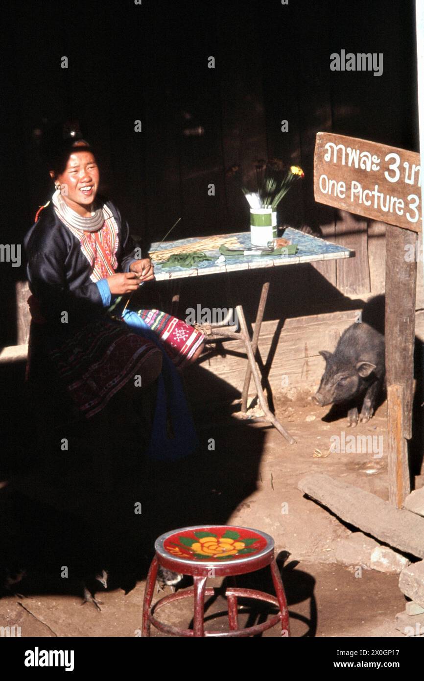A woman from the Meo ethnic group (also Hmong) sits in traditional ...