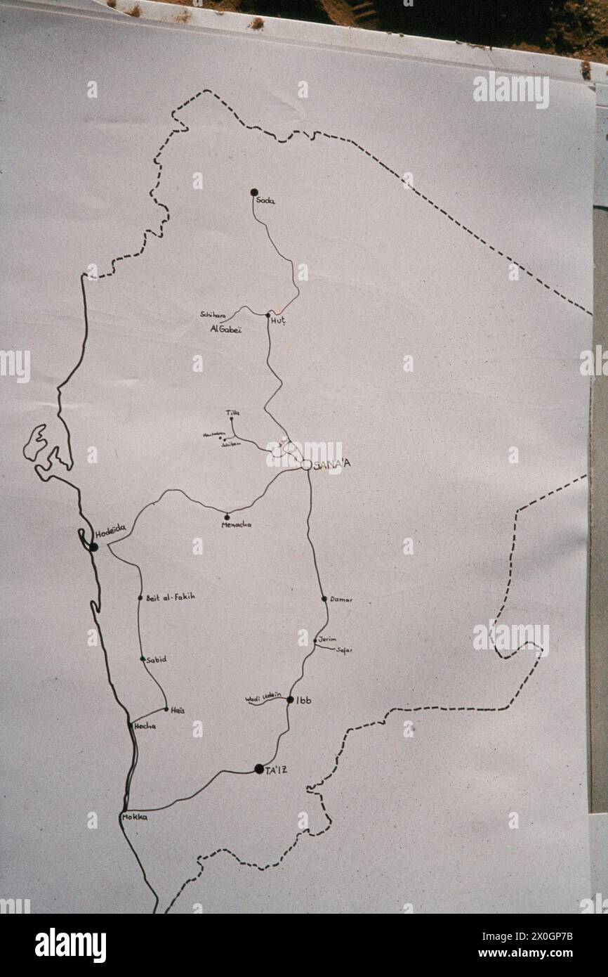 A map in Wadi Beni Husseish shows a travel route through Yemen ...