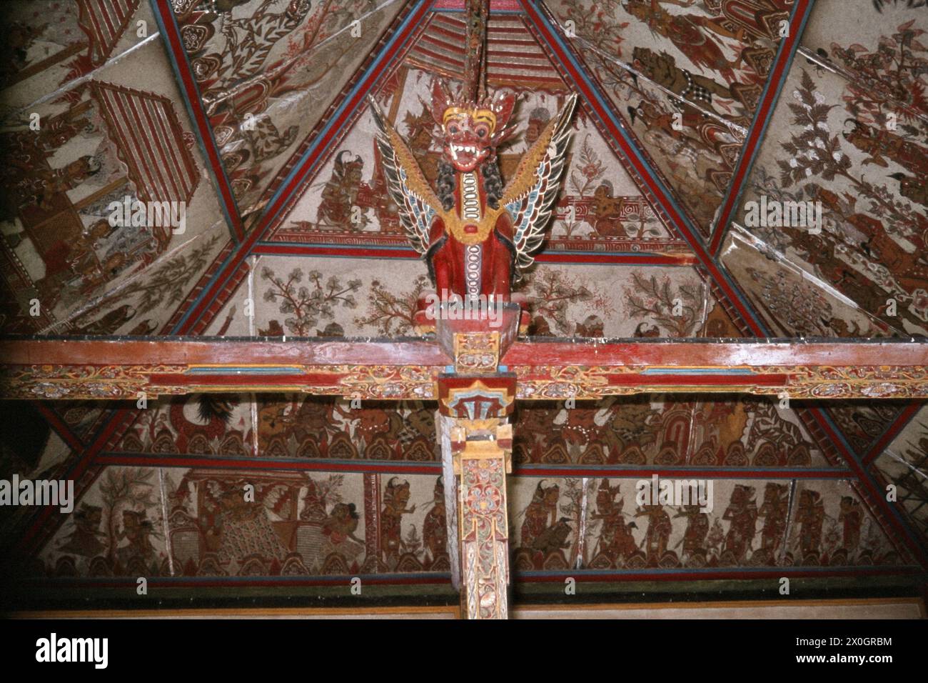 The inside of the roof with paintings of battles and deities and the ...