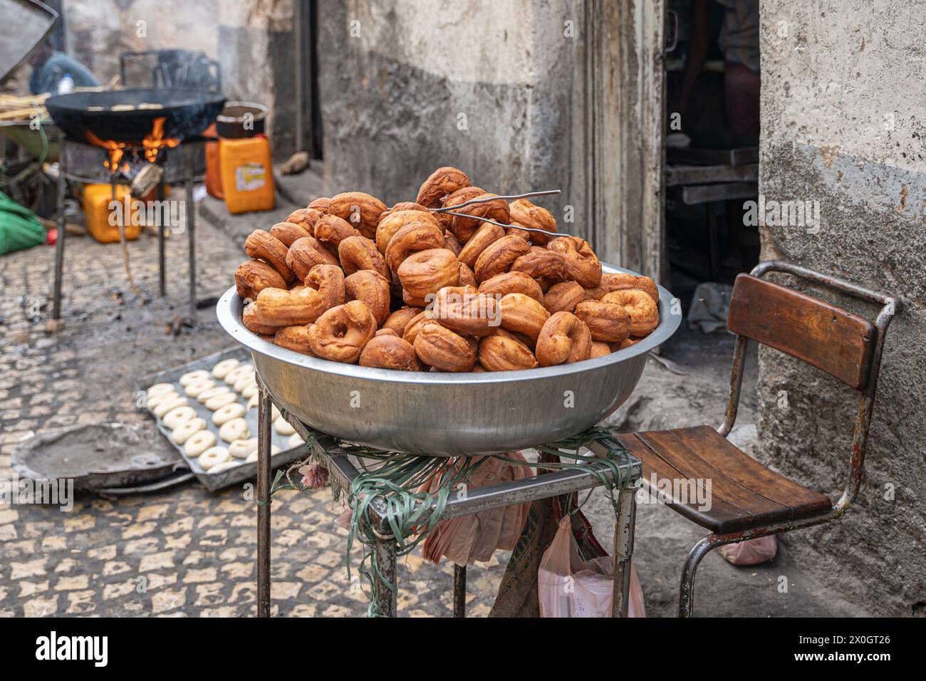 Ethiopia Street food, fried and sugar coated Donuts, market in Harar ...