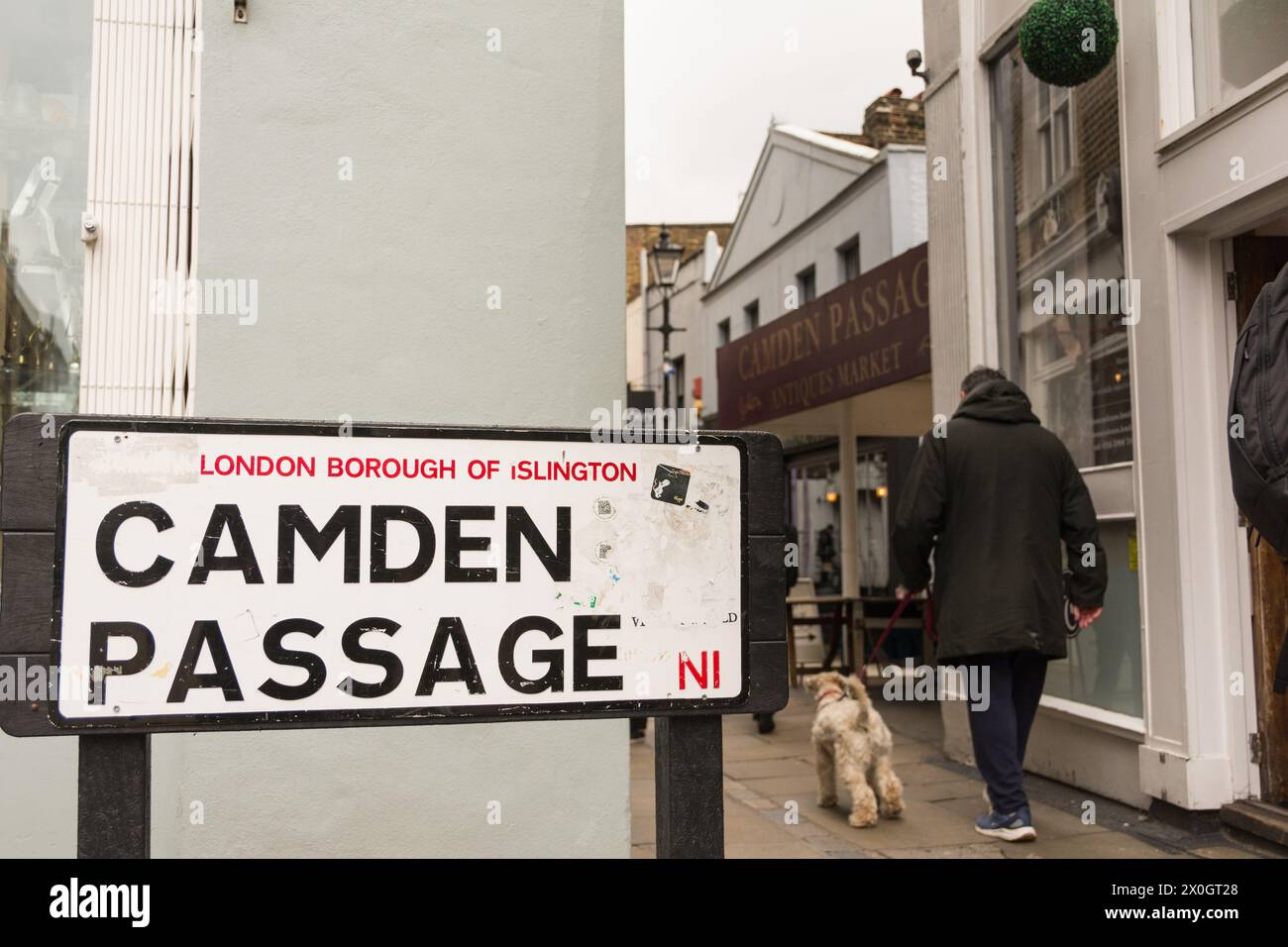 Close-up of London Borough of Islington Camden Passage street sign and ...