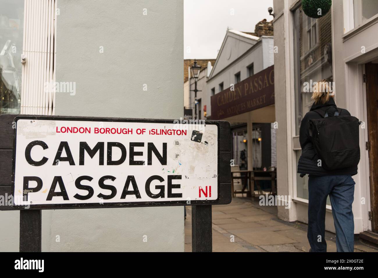 Close-up of London Borough of Islington Camden Passage street sign, and ...