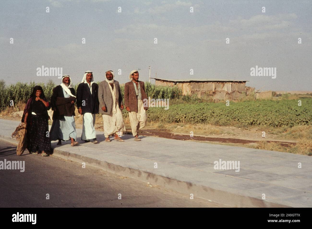 Four Kurdish men and a woman in traditional clothes on a street in ...
