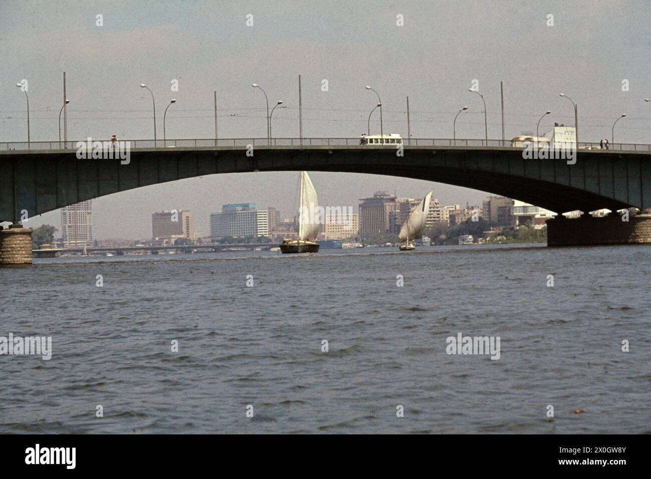 Sailboats on the Nile under the El Gamaa Bridge in Cairo. [automated ...