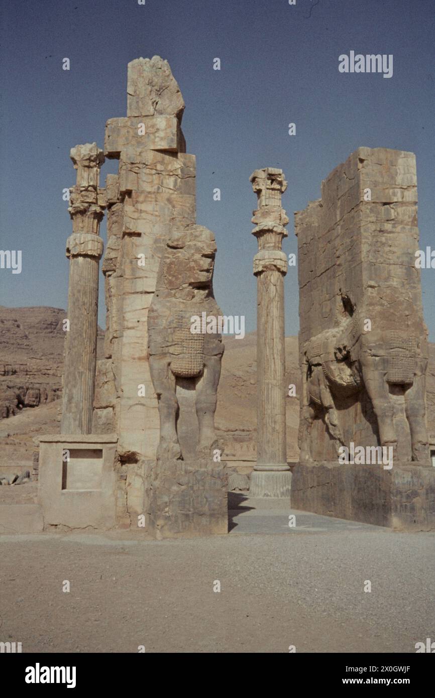 Propylae and statues of bull-like mythical creatures on the remains of ...