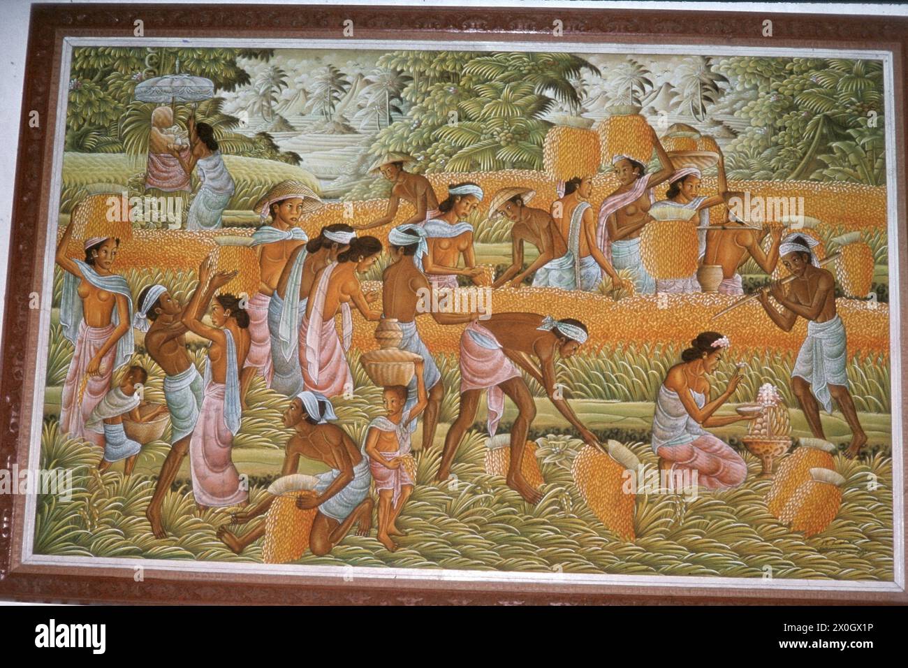A painting with rice field workers in the village of Ubud. [automated ...