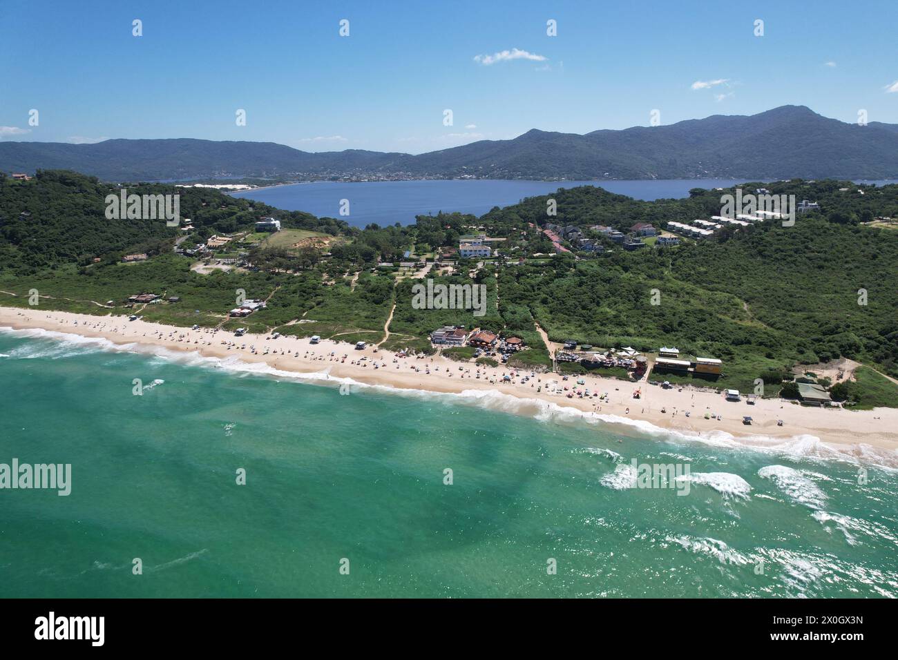 Mole beach aerial view, Florianopolis island, Santa Catarina. Conceicao ...