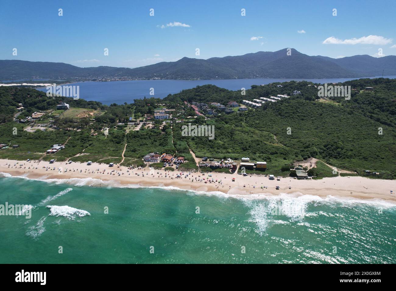 Mole beach aerial view, Florianopolis island, Santa Catarina. Conceicao ...