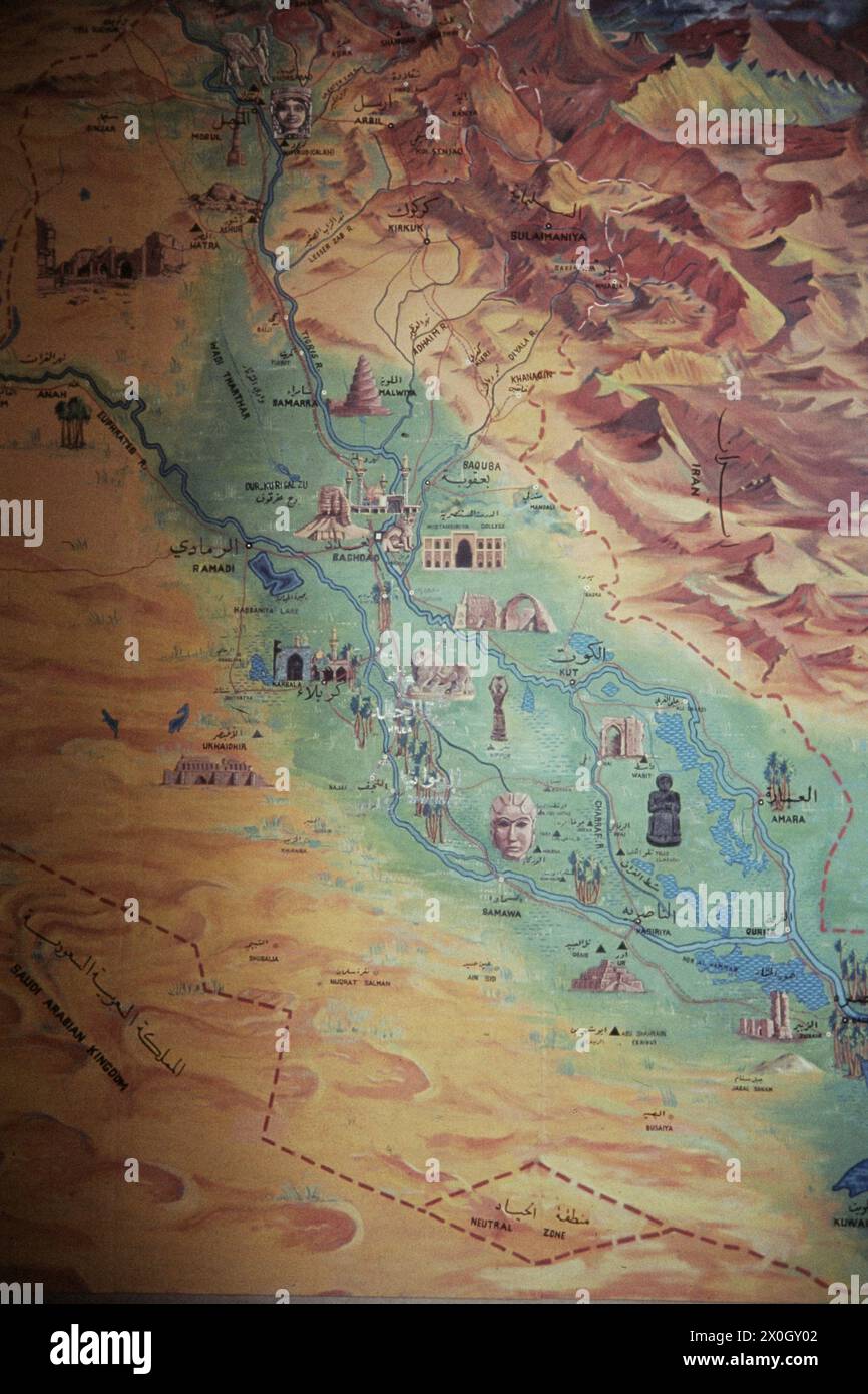 A map of Iraq with excavation sites in a museum in Babylon. [automated ...