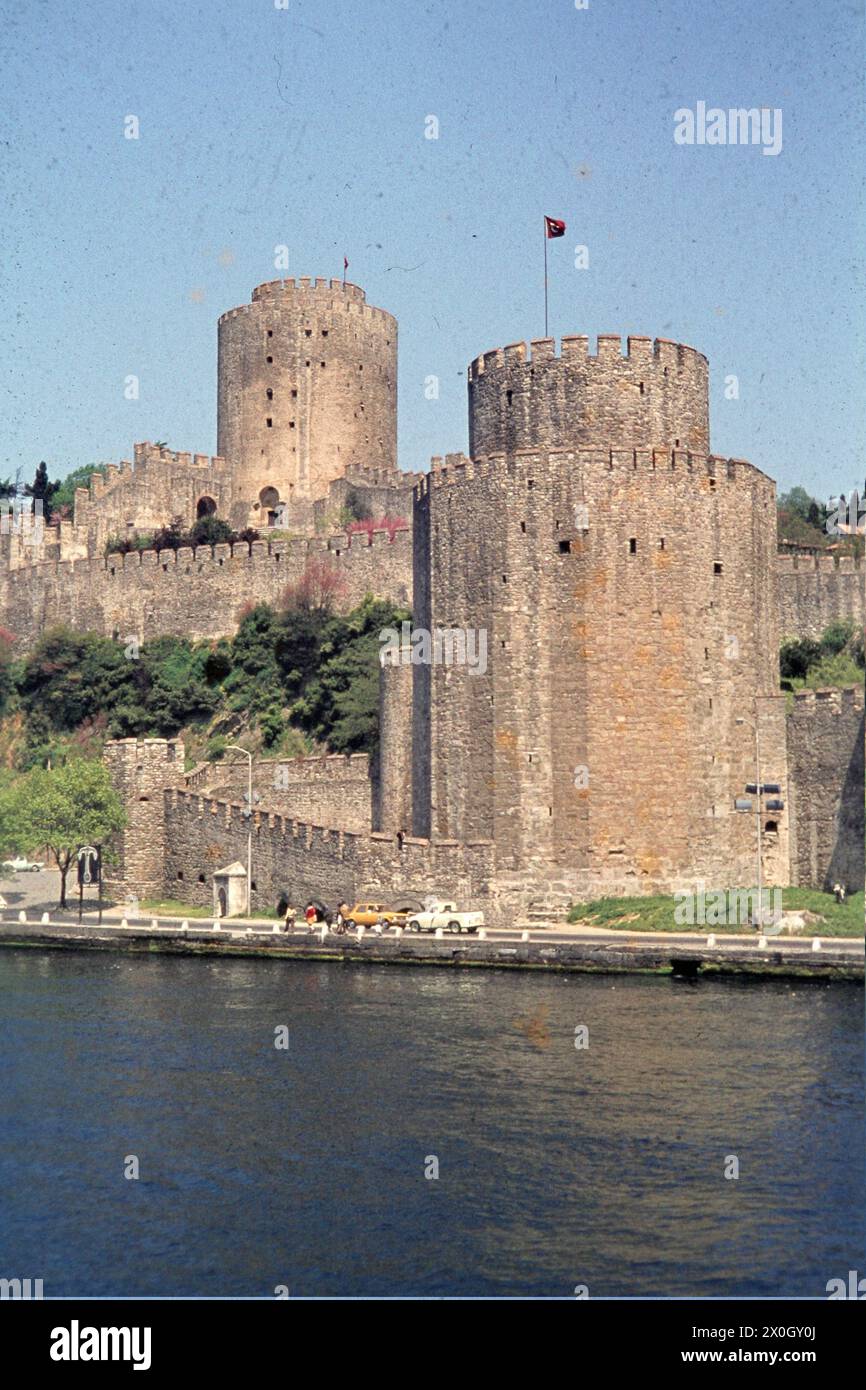 View from the Bosporus to two of the three towers of the castle Rumeli ...