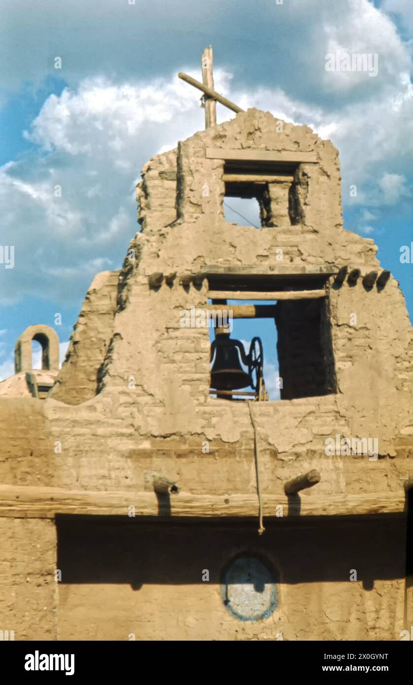 Bell tower of an adobe mission in the western town of Old Tucson ...