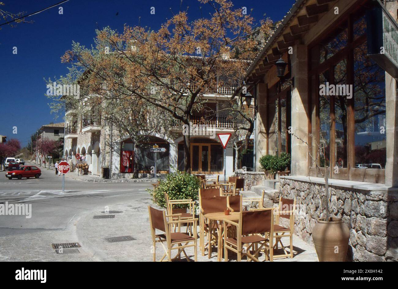 Entrance and sidewalk cafe in Valldemossa on Mallorca (undated picture ...