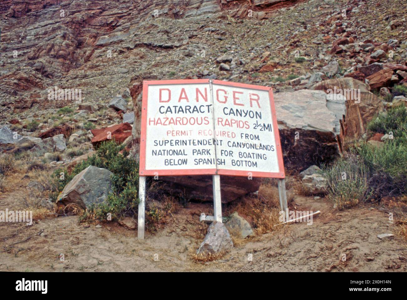 Warning sign for dangerous rapids of the Cataract Canyon of the ...