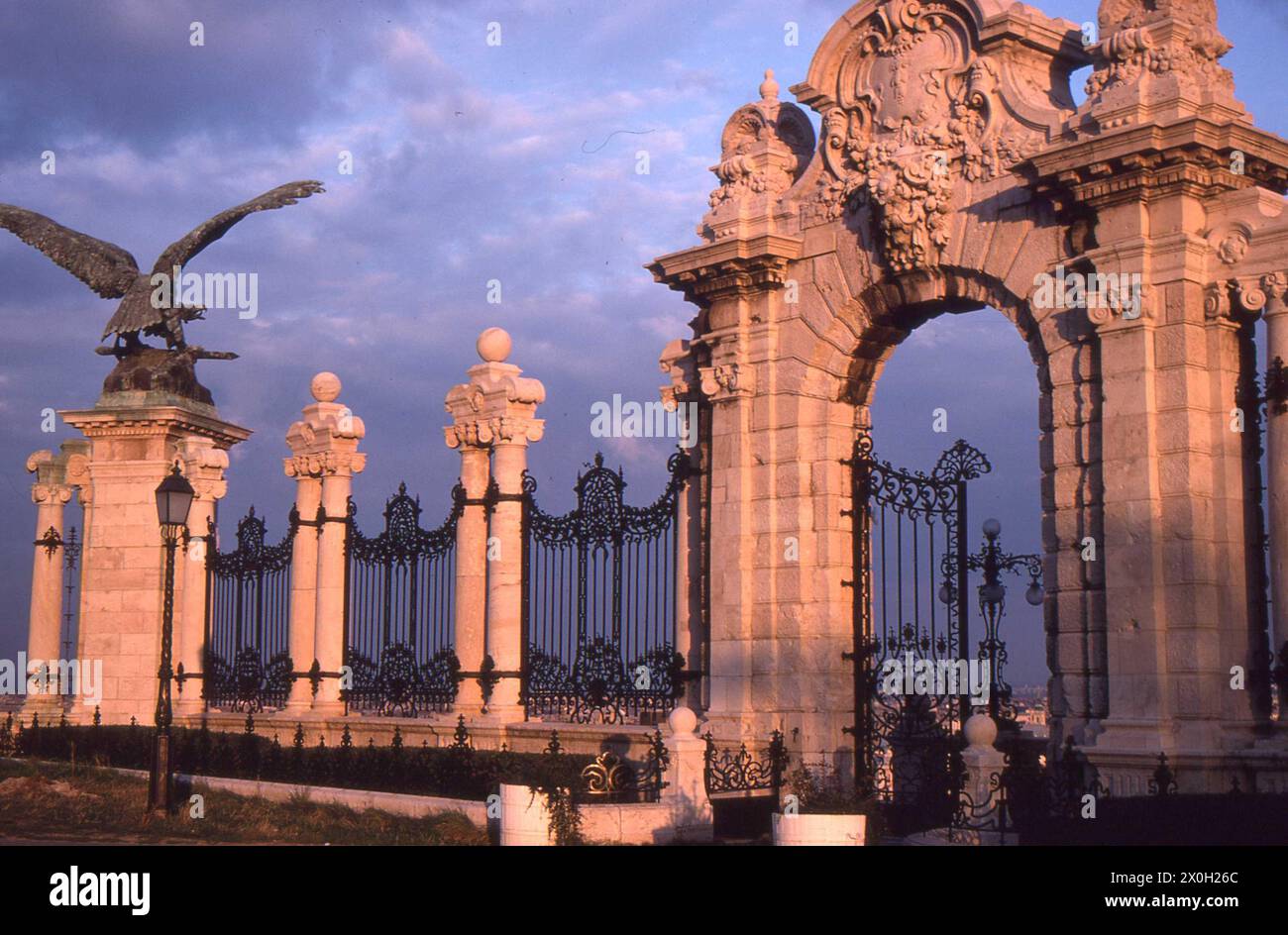 The Turul bird with sword in its claws, columns and a gate in the Buda ...