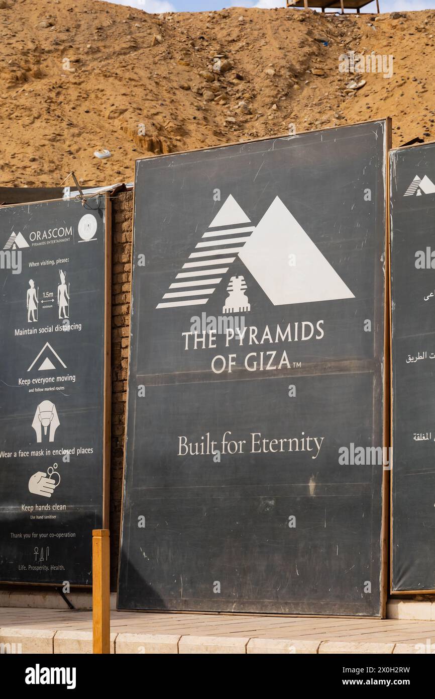 Entrance signs, the Great Pyramids of Giza, Cairo, Egypt Stock Photo ...