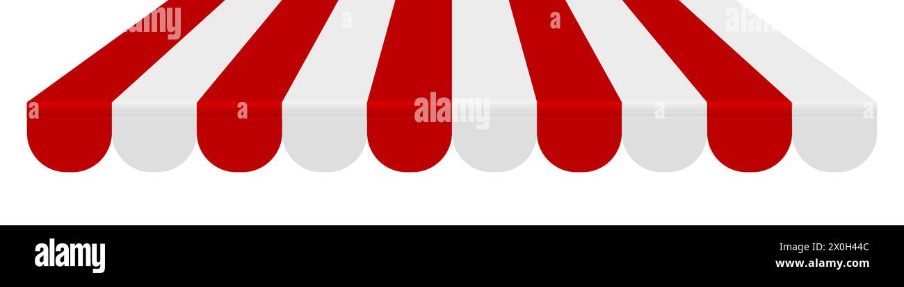 Shop awning tent. Cafe sunshade, store canopy, striped roof with red and white stripes. 3D ...