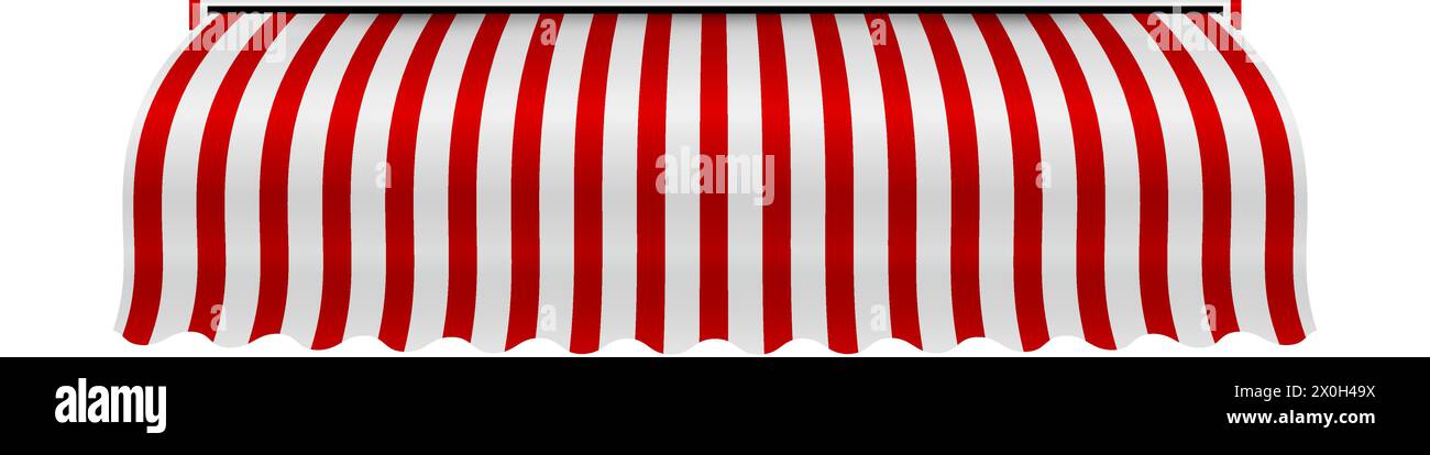 Shop awning tent. Cafe sunshade, store canopy, striped roof with red and white stripes. 3D ...