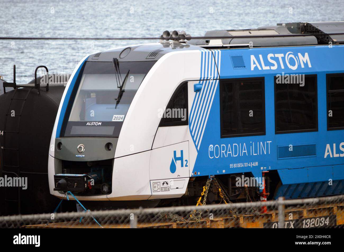 An Alstom Coradia iLint hydrogen fuel cell train at the port of Halifax ...