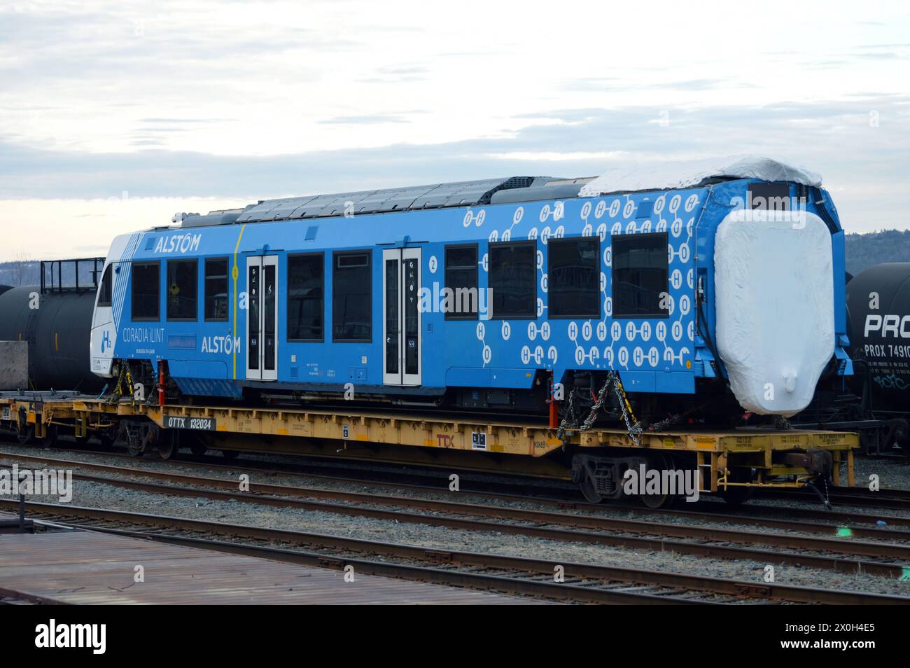 An Alstom Coradia iLint hydrogen fuel cell train at the port of Halifax ...