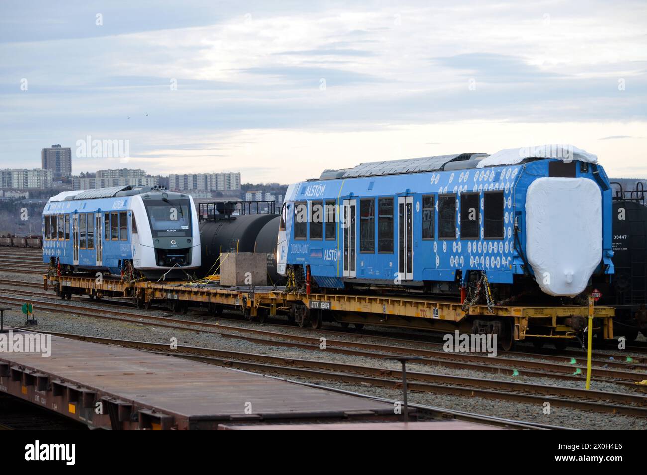 An Alstom Coradia iLint hydrogen fuel cell train at the port of Halifax ...