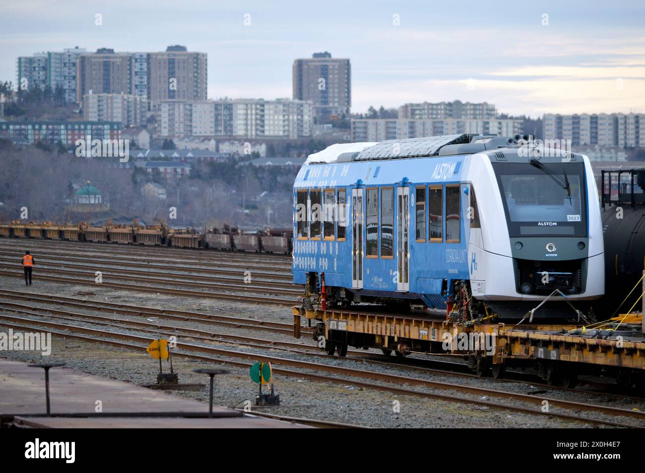 An Alstom Coradia iLint hydrogen fuel cell train at the port of Halifax ...