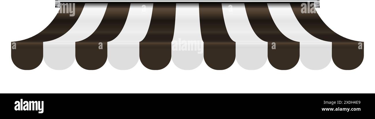 Shop awning tent. Cafe sunshade, store canopy, striped roof with black ...