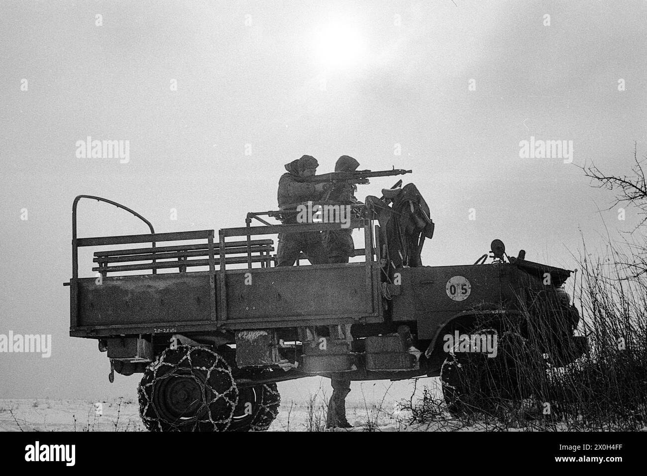 Troop exercise: Shooting from the machine gun mount of a Unimog ...