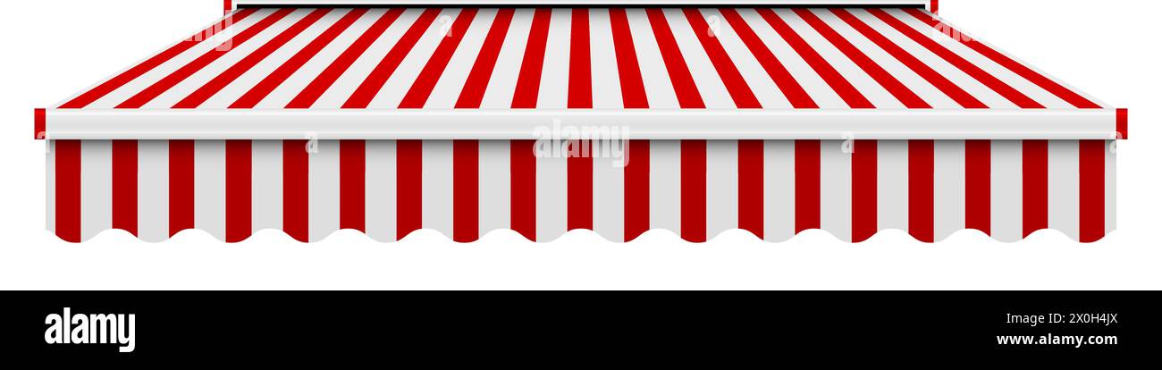 Shop awning tent. Cafe sunshade, store canopy, striped roof with red and white stripes. 3D ...