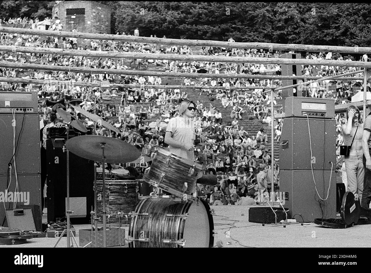 Spectator stand at an alternative open air festival in Heidelberg, 1970 ...