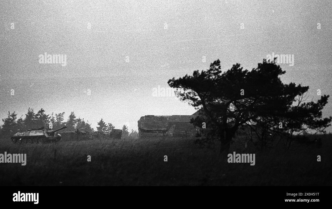 Troop exercise: A cannon tank waits between a group of trees and a ...