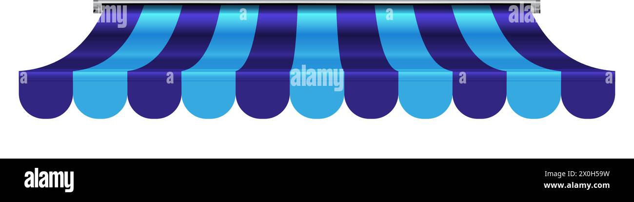 Shop awning tent. Cafe sunshade, store canopy, striped roof with blue ...