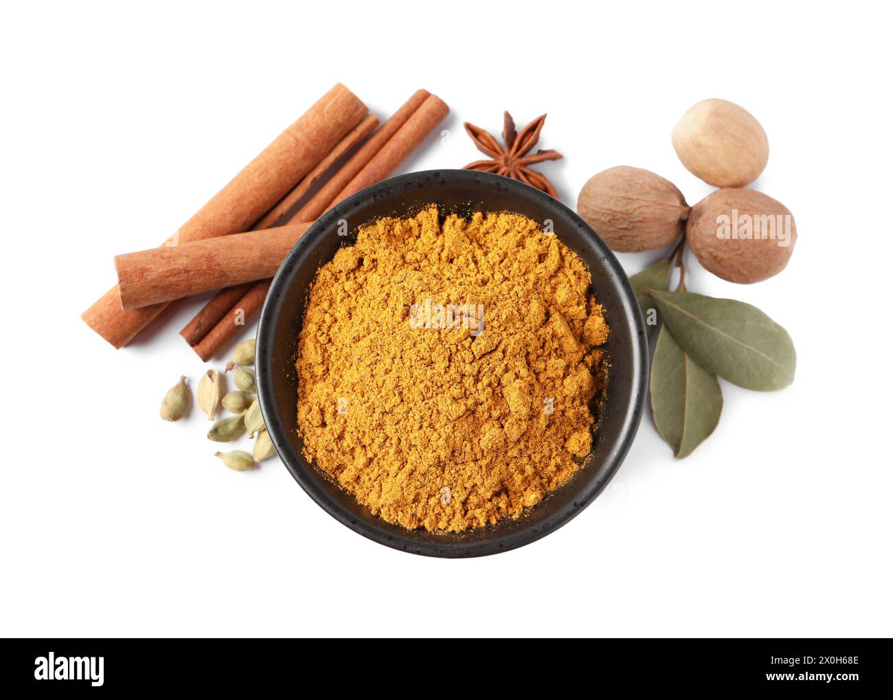 Dry curry powder in bowl and other spices isolated on white, top view ...