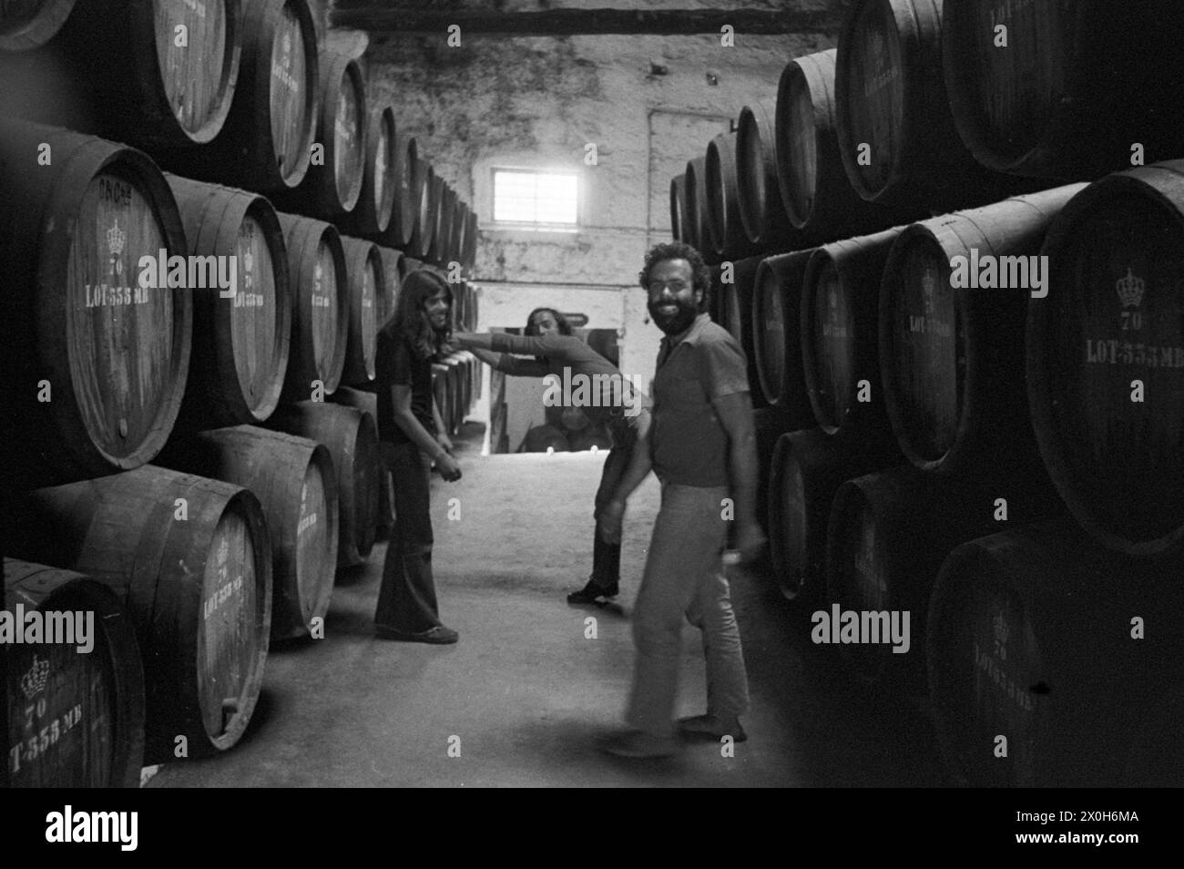The good port wine matures in the oak barrels. The three young men are ...