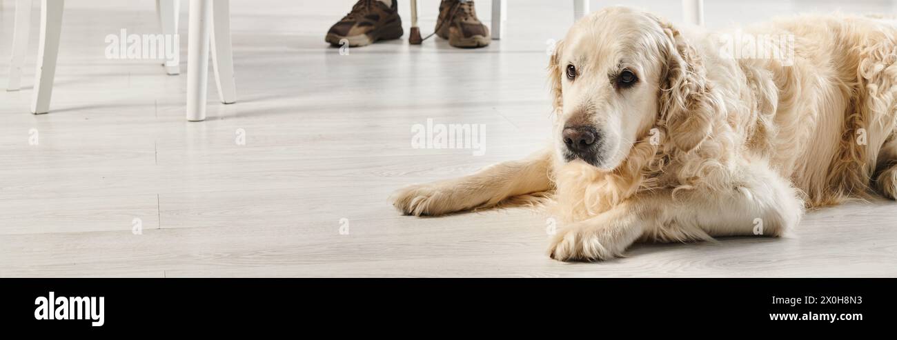 Labrador lies next to a table, embodying inclusion and companionship ...