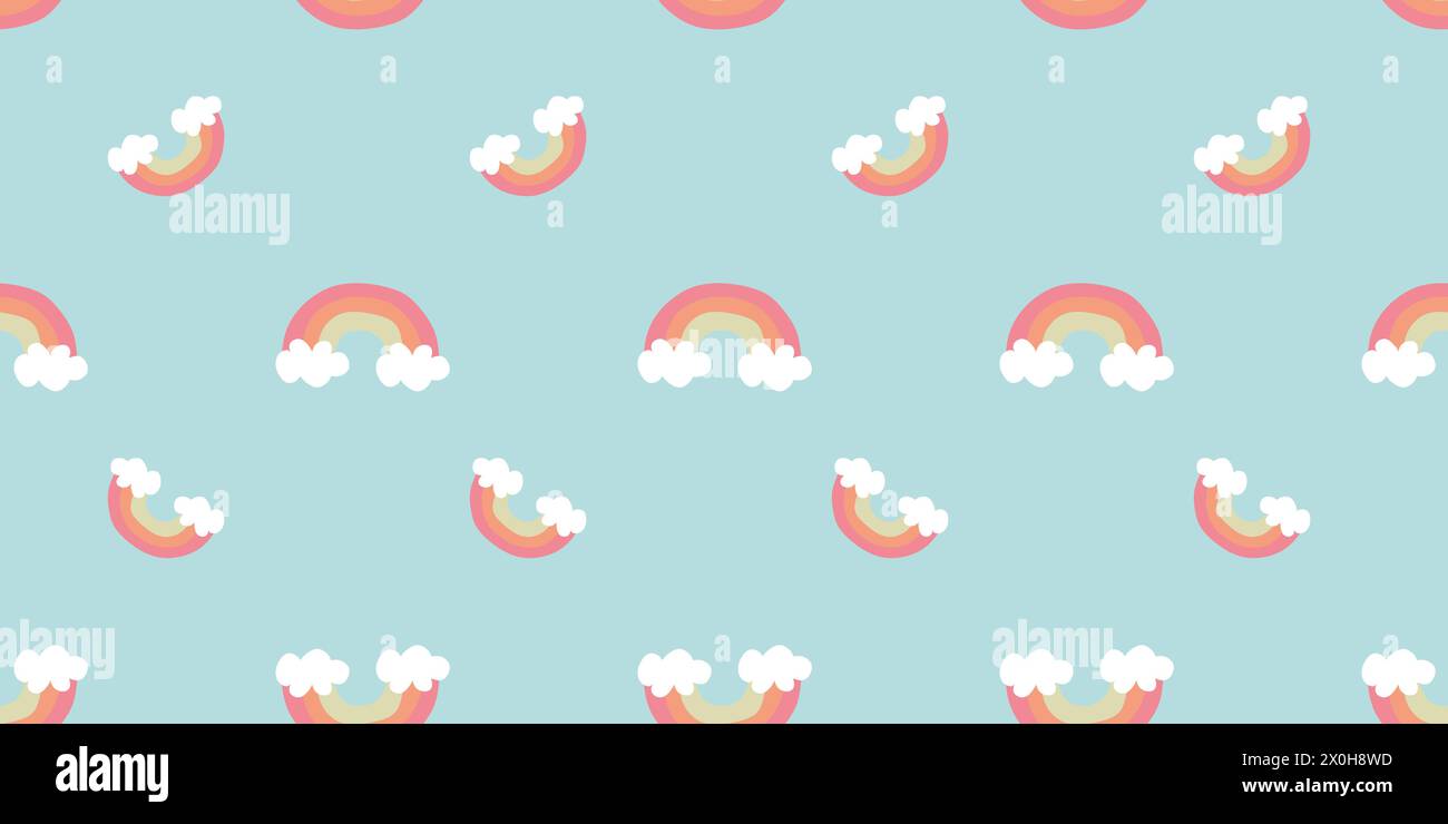 Cloud Background, Rainbow Seamless Pattern, Cartoon Vector Illustration, Blue Sky Template for ...