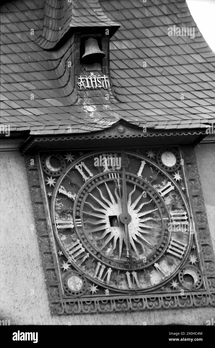 The picture shows the beautiful clock face of the church clock of the ...