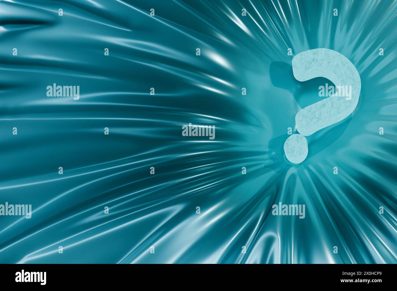3d render of glowing question mark pressing folds into shiny blue ...