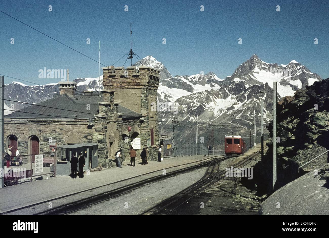 Mountain station Gornergrat of the Gornergrat cog railway with incoming ...