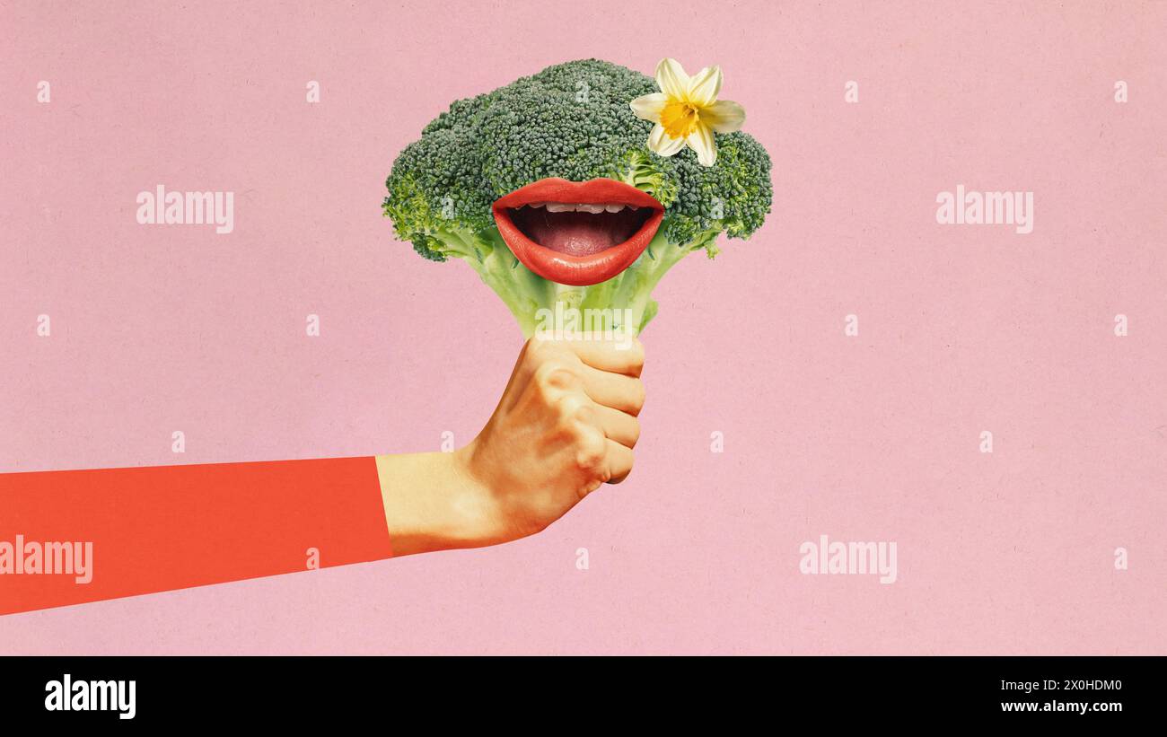 Contemporary art collage. Hand holding broccoli with lips and flower ...