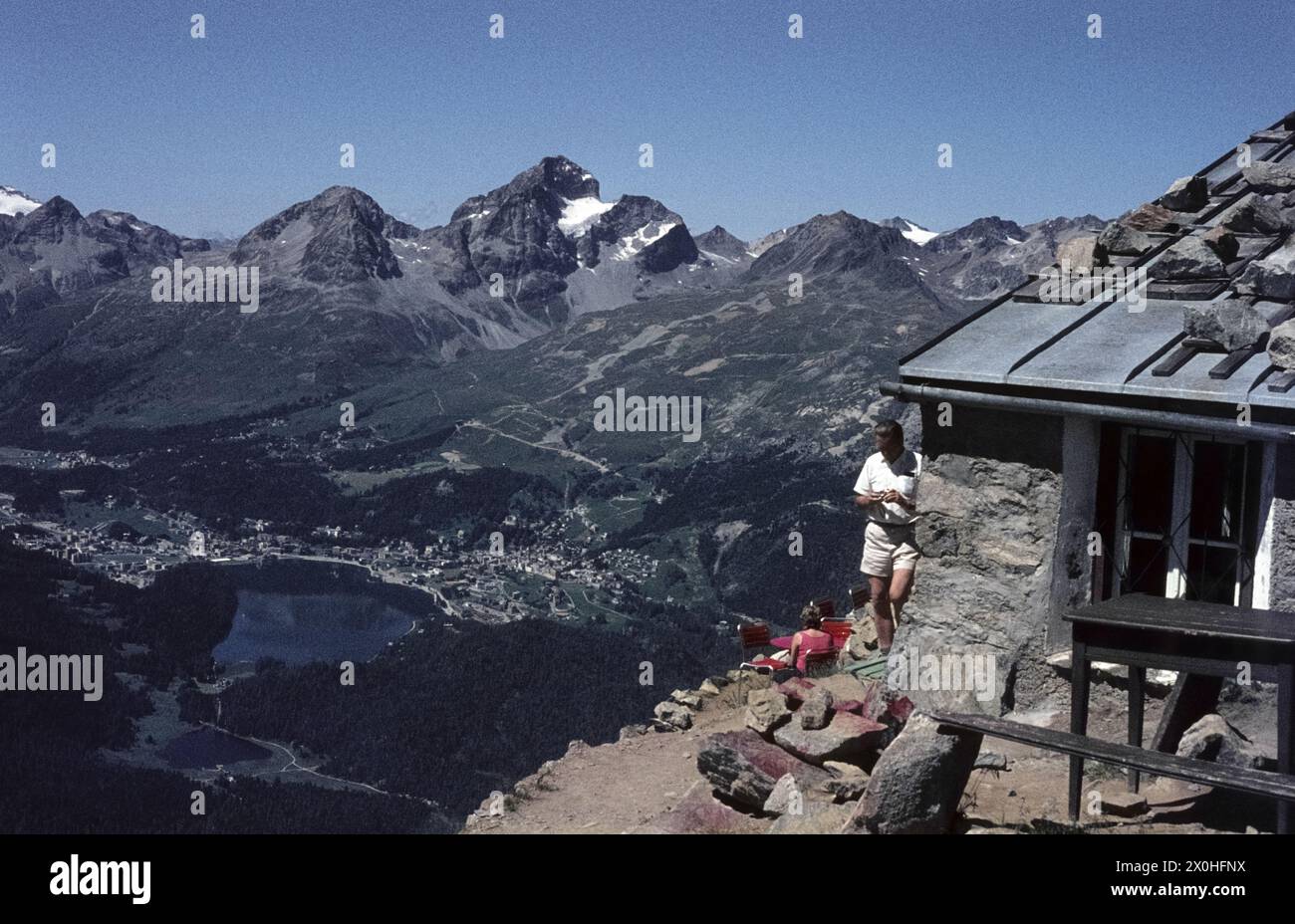 At the Segantini hut on Schafberg. View into the valley to the St ...