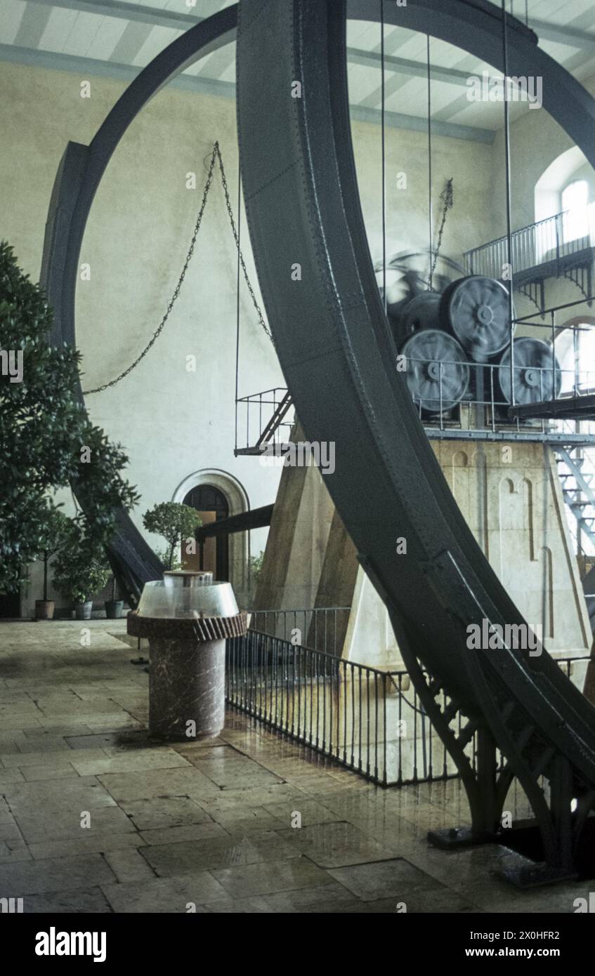 Water wheels that drive the pumps in the machine hall of the main well ...