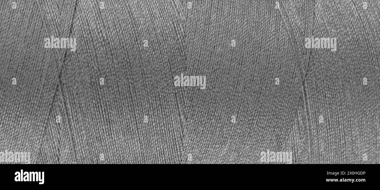 Texture of gray color threads in spool close up, macro. Wide banner ...