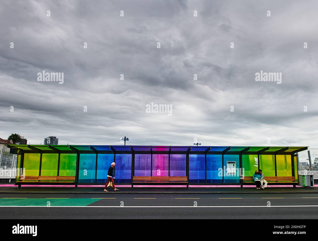 Colorful bus stop along Karangahape Road, Auckland, North Island, New ...