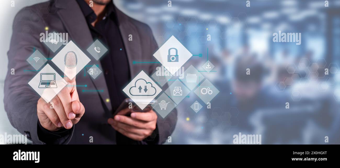 cybersecurity concept: businessman protects his data and interacts with ...