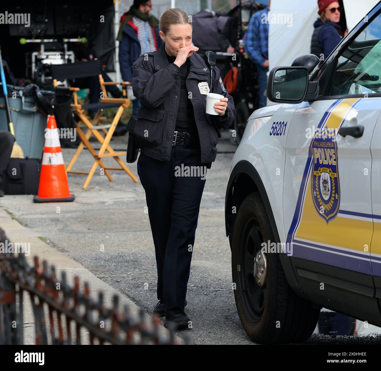 Amanda Seyfried wearing a Philadelphia Police Uniform filming at the ...