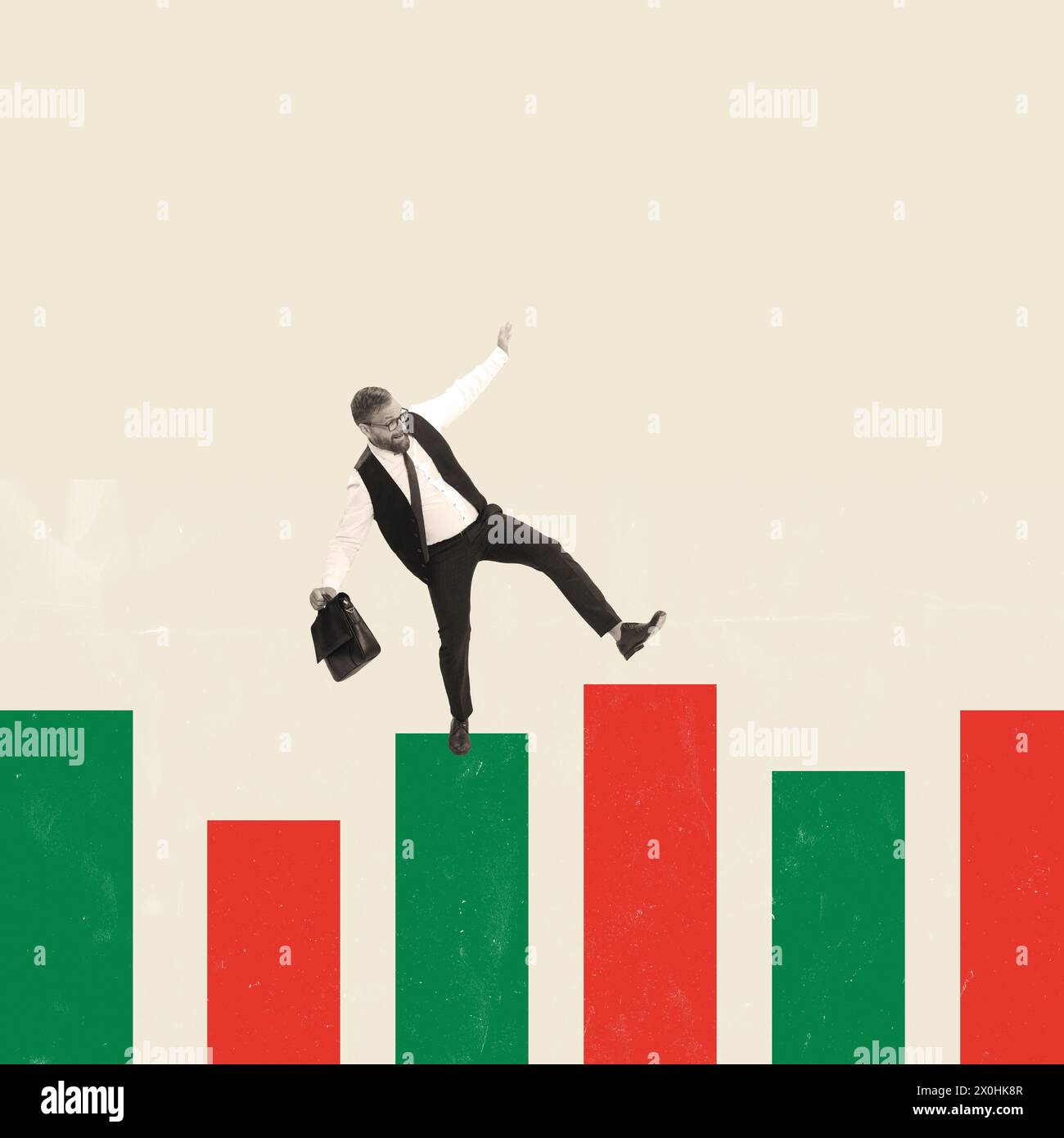 Adaptability and resilience. Businessman balancing on bar charts ...