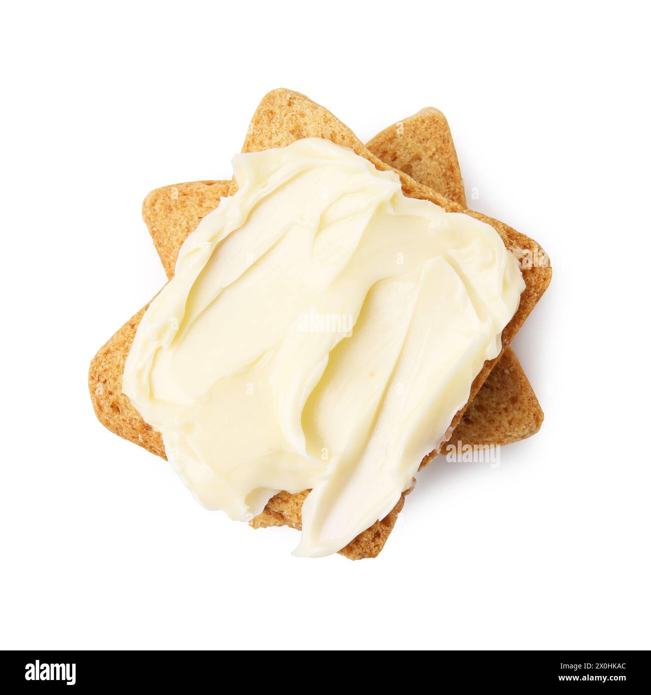 Slices of dry bread with butter isolated on white, top view Stock Photo ...