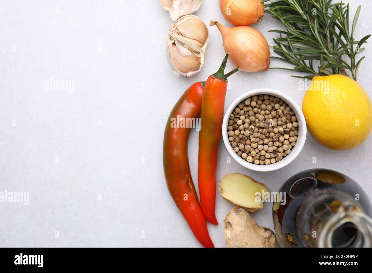 Flat lay composition with different fresh ingredients for marinade on ...