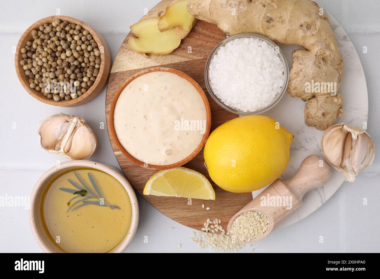 Flat lay composition with fresh marinade and different ingredients on ...