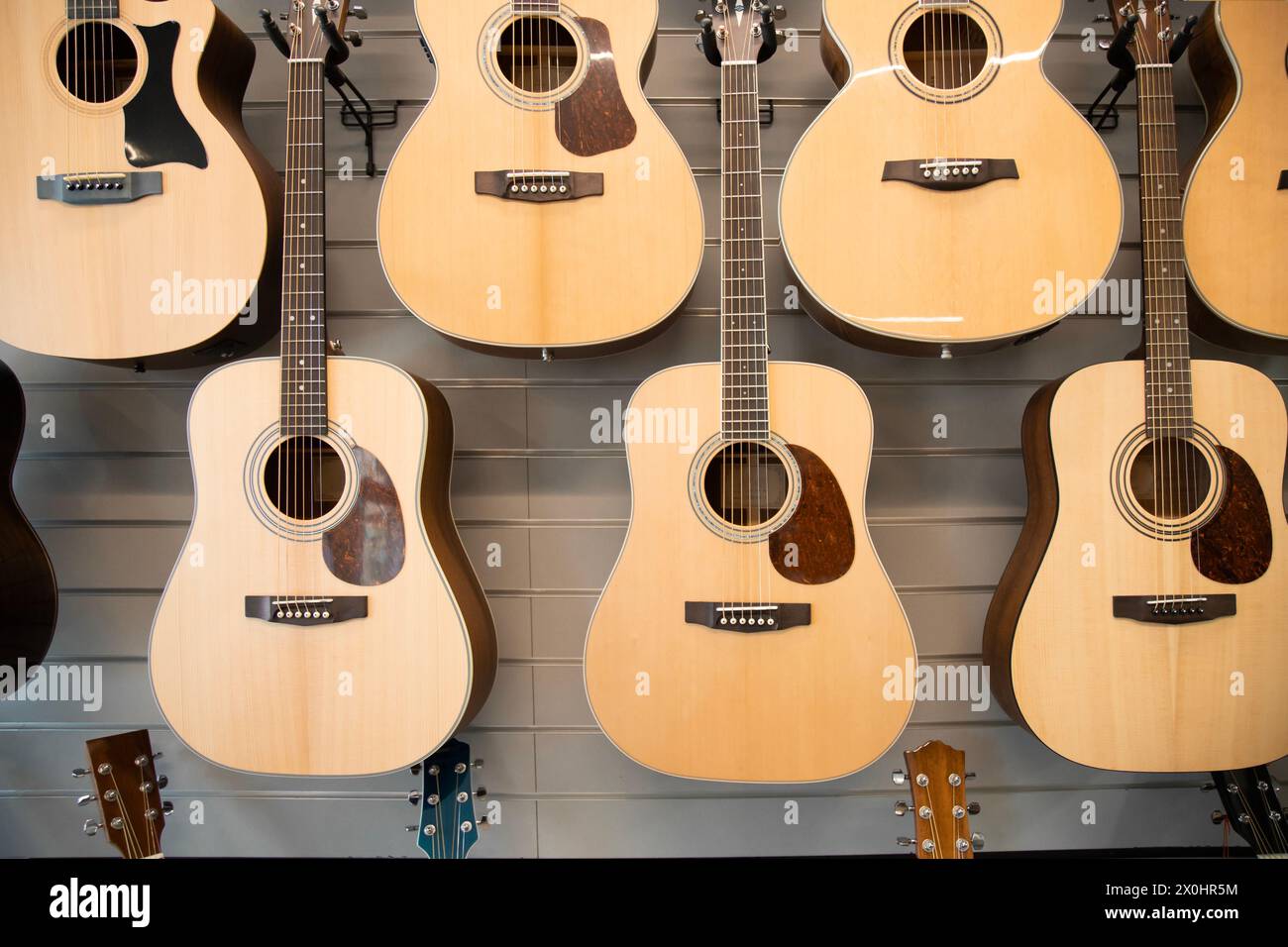Group of classic musical guitar instruments . Row of Guitar at Display ...